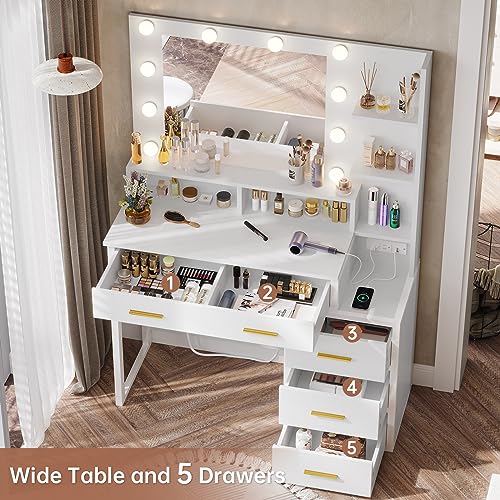 Tiptiper Makeup Vanity with Lights, Vanity Desk with Charging Station, White Vanity Table with 10 Light Bulbs Mirror & 3 Lighting Modes, Makeup Desk with Drawers, Nightstand and Storage Shelves