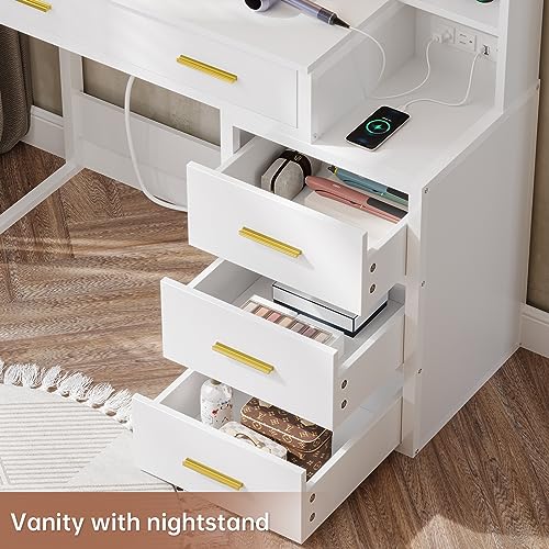 Tiptiper Makeup Vanity with Lights, Vanity Desk with Charging Station, White Vanity Table with 10 Light Bulbs Mirror & 3 Lighting Modes, Makeup Desk with Drawers, Nightstand and Storage Shelves