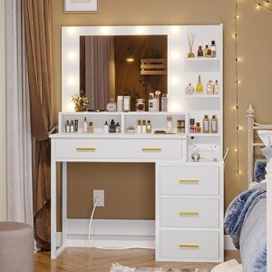 Tiptiper Makeup Vanity with Lights, Vanity Desk with Charging Station, White Vanity Table with 10 Light Bulbs Mirror & 3 Lighting Modes, Makeup Desk with Drawers, Nightstand and Storage Shelves