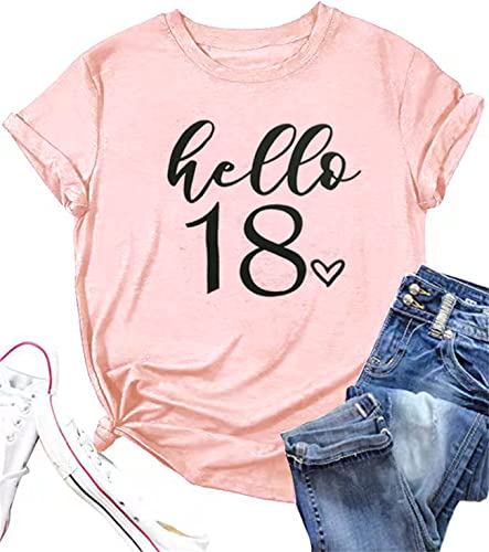 HEYO Women 18th Birthday Hello 18 Shirt Pink, Medium