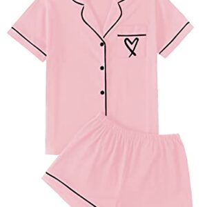 LYANER Women's Pajamas Set Heart Print Button Short Sleeve Shirt with Shorts Sleepwear PJs Set Pink Small