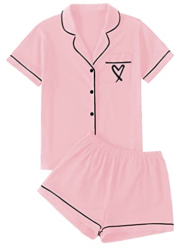 LYANER Women's Pajamas Set Heart Print Button Short Sleeve Shirt with Shorts Sleepwear PJs Set Pink Small