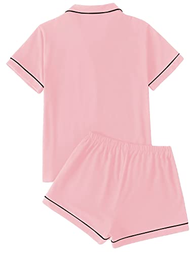 LYANER Women's Pajamas Set Heart Print Button Short Sleeve Shirt with Shorts Sleepwear PJs Set Pink Small