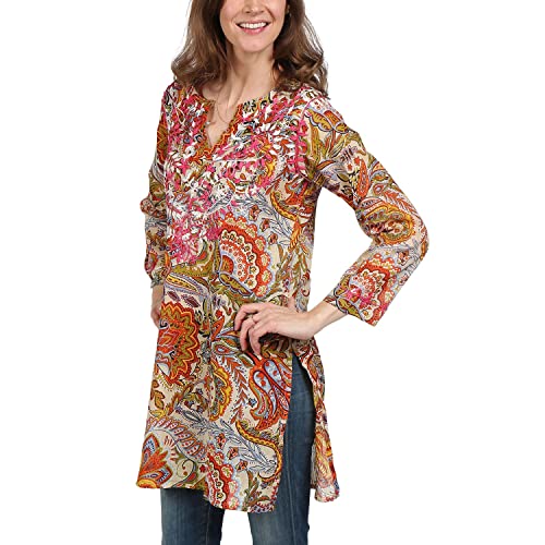 FLORIANA Womens Floral Embroidered Blouse - Long Tunic, Cute Tops for Women Pink, Small