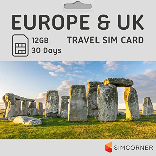 Europe UK Travel SIM Card (12 GB, 30 Days). Prepaid SIM Card w/Data & Unlimited SMS & Minutes to EU & UK Numbers. 3-in-1 Tethering/Hotspot Card. Standard, Micro, & Nano SIM Card for Unlocked Phones