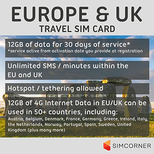 Europe UK Travel SIM Card (12 GB, 30 Days). Prepaid SIM Card w/Data & Unlimited SMS & Minutes to EU & UK Numbers. 3-in-1 Tethering/Hotspot Card. Standard, Micro, & Nano SIM Card for Unlocked Phones