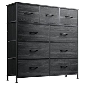 wlive 9-drawer dresser, fabric storage tower for bedroom, hallway, nursery, closet, tall chest organizer unit with fabric bins, steel frame, wood top, easy pull handle, charcoal black wood grain print