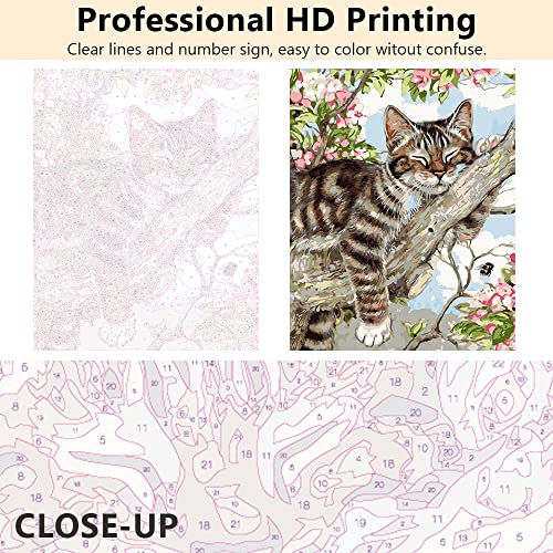 TISHIRON DIY Paint by Numbers Hand Painting Cat Series on Canvas for Adults Beginner Kids Drawing with Brushes Festival Gift House Decorations No Frame Cat Snuggling in The Treetops-16x20inch