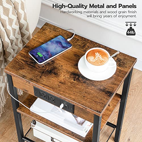 HOOBRO End Table Set of 2 with Charging Station and USB Ports, 3-Tier Nightstands with Adjustable Shelf, Narrow Side Table for Small Space in Living Room, Bedroom and Balcony, Rustic Brown BF112BZP201