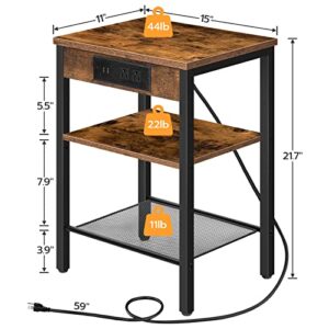 HOOBRO End Table Set of 2 with Charging Station and USB Ports, 3-Tier Nightstands with Adjustable Shelf, Narrow Side Table for Small Space in Living Room, Bedroom and Balcony, Rustic Brown BF112BZP201