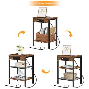 HOOBRO End Table Set of 2 with Charging Station and USB Ports, 3-Tier Nightstands with Adjustable Shelf, Narrow Side Table for Small Space in Living Room, Bedroom and Balcony, Rustic Brown BF112BZP201