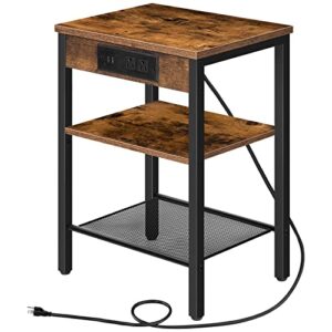 hoobro end table with charging station and usb ports, 3-tier nightstand with adjustable shelf, narrow side table for small space in living room, bedroom and balcony, rustic brown bf112bz01