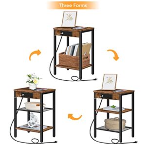 HOOBRO End Table with Charging Station and USB Ports, 3-Tier Nightstand with Adjustable Shelf, Narrow Side Table for Small Space in Living Room, Bedroom and Balcony, Rustic Brown BF112BZ01