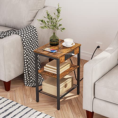 HOOBRO End Table with Charging Station and USB Ports, 3-Tier Nightstand with Adjustable Shelf, Narrow Side Table for Small Space in Living Room, Bedroom and Balcony, Rustic Brown BF112BZ01