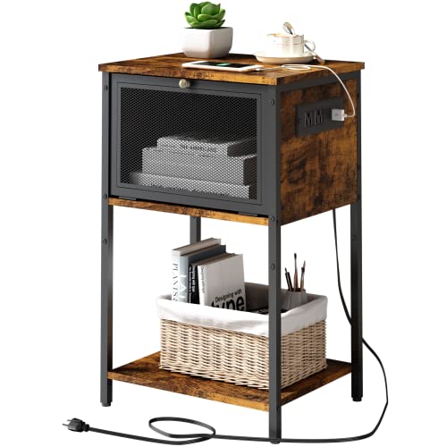 NONGSHIM Nightstand with Charging Station and USB Ports, Night Stand with Flip Drawer and Open Storage Shelf,Bedside Table for Small Spaces,Side End Table for Bedroom,Living Room-Rustic Brown