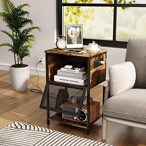 NONGSHIM Nightstand with Charging Station and USB Ports, Night Stand with Flip Drawer and Open Storage Shelf,Bedside Table for Small Spaces,Side End Table for Bedroom,Living Room-Rustic Brown