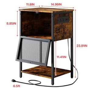 NONGSHIM Nightstand with Charging Station and USB Ports, Night Stand with Flip Drawer and Open Storage Shelf,Bedside Table for Small Spaces,Side End Table for Bedroom,Living Room-Rustic Brown