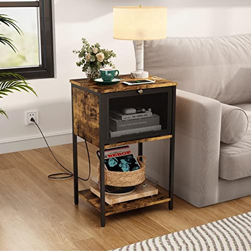 NONGSHIM Nightstand with Charging Station and USB Ports, Night Stand with Flip Drawer and Open Storage Shelf,Bedside Table for Small Spaces,Side End Table for Bedroom,Living Room-Rustic Brown