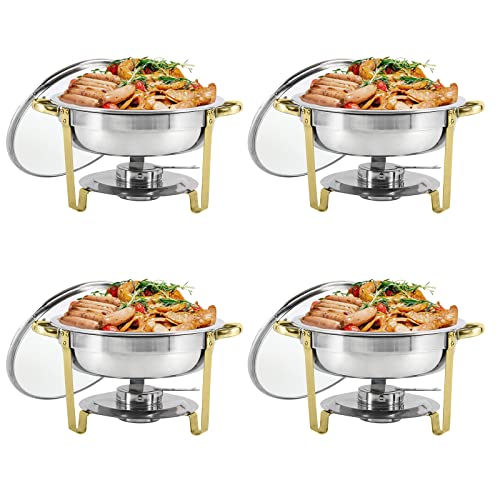 Restlrious Chafing Dish Buffet Set 4 Pack Stainless Steel Round Chafers and Buffet Warmers Set with Glass Lid in Gold Accents, 5QT Complete Set for Buffet Catering w/Water and Food Pan, Fuel Holder