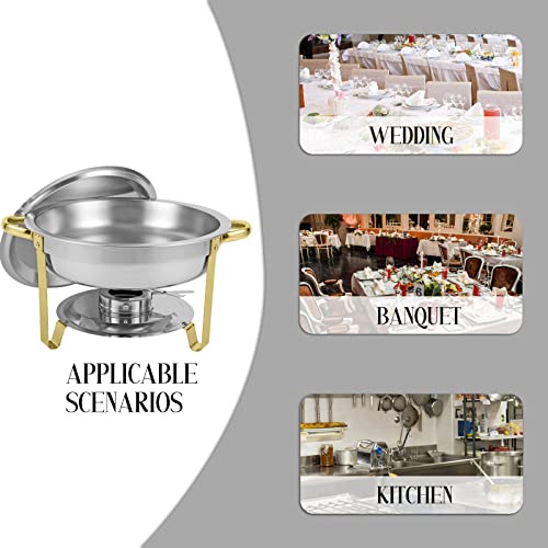 Restlrious Chafing Dish Buffet Set 4 Pack Stainless Steel Round Chafers and Buffet Warmers Set with Glass Lid in Gold Accents, 5QT Complete Set for Buffet Catering w/Water and Food Pan, Fuel Holder