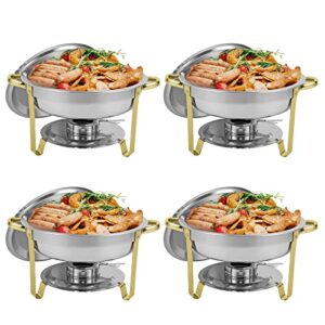 Restlrious Chafing Dish Buffet Set 4 Pack Stainless Steel Round Chafers and Buffet Warmers Set with Glass Lid in Gold Accents, 5QT Complete Set for Buffet Catering w/Water and Food Pan, Fuel Holder