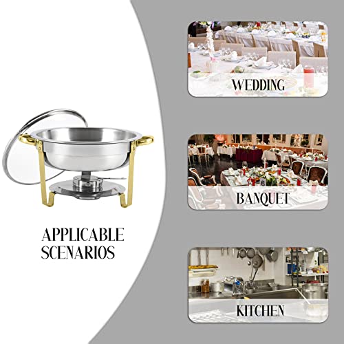 Restlrious Chafing Dish Buffet Set 4 Pack Stainless Steel Round Chafers and Buffet Warmers Set with Glass Lid in Gold Accents, 5QT Complete Set for Buffet Catering w/Water and Food Pan, Fuel Holder