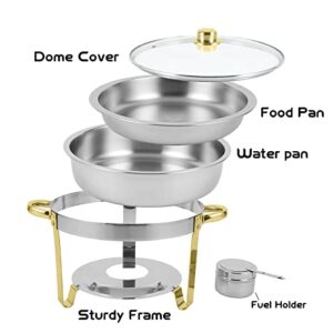 Restlrious Chafing Dish Buffet Set 4 Pack Stainless Steel Round Chafers and Buffet Warmers Set with Glass Lid in Gold Accents, 5QT Complete Set for Buffet Catering w/Water and Food Pan, Fuel Holder