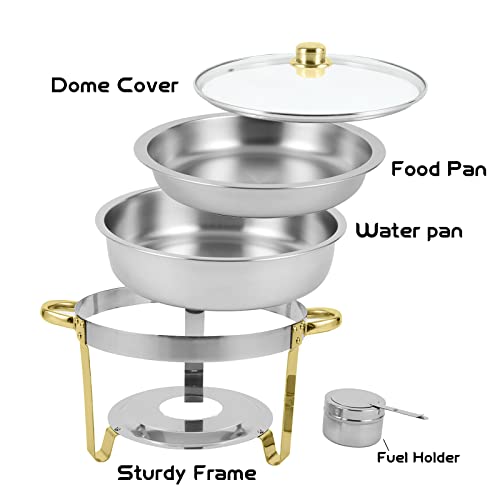 Restlrious Chafing Dish Buffet Set 4 Pack Stainless Steel Round Chafers and Buffet Warmers Set with Glass Lid in Gold Accents, 5QT Complete Set for Buffet Catering w/Water and Food Pan, Fuel Holder