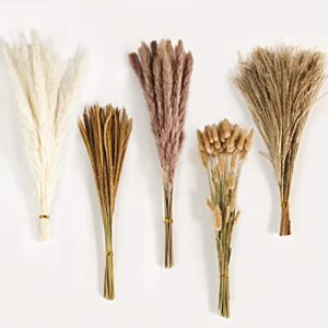 dried pampas grass decor, 120pcs boho home wedding party decor dried flowers arrangements white & natural pampas grass, reed, bunny tails