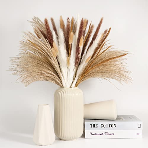 Dried Pampas Grass Decor, 120Pcs Boho Home Wedding Party Decor Dried Flowers Arrangements White & Natural Pampas Grass, Reed, Bunny Tails