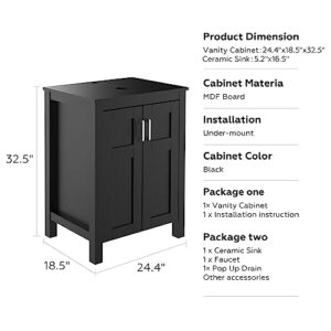 ARTETHYS 24 Inches Single Bathroom Vnaity Modern Pedestal Sink Bathroom Stand Cabinet Wood Black Bathroom Cabinet