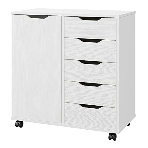 Panana 5-Drawer Chest with 1 Door, Wooden Chest of Drawers Storage Dresser Cabinet with Wheels, Office Organization and Storage, Bedroom Furniture