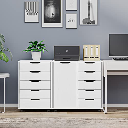 Panana 5-Drawer Chest with 1 Door, Wooden Chest of Drawers Storage Dresser Cabinet with Wheels, Office Organization and Storage, Bedroom Furniture