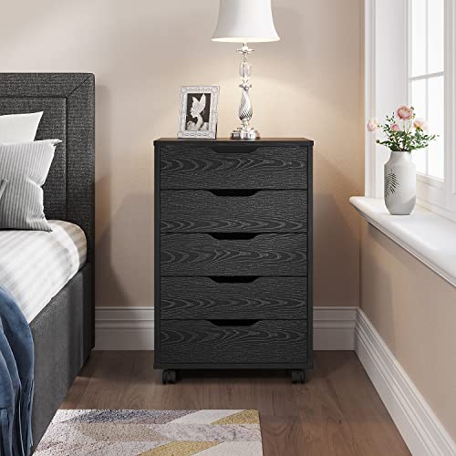 Panana 5/7 Drawer Chest, Wooden Tall Dresser Storage Dresser Cabinet with Wheels, Office Organization and Storage, Bedroom Furniture (5 Drawer, Black)