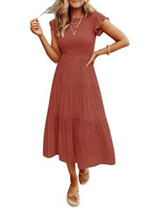 zcsia women's 2023 summer casual ruffle short sleeve crewneck smocked tiered a line midi dress,rust,small