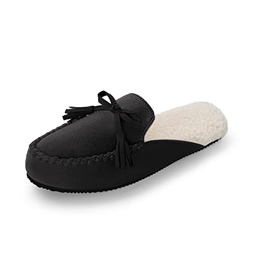 DREAM PAIRS Women's Memory Foam Moccasin Cozy House Slippers with Fuzzy and Warm Sherpa Fleece Lining, Suede Ladies Slip-on Slippers Both for Indoor and Outdoor, Black, Size 8, Sdsl223W