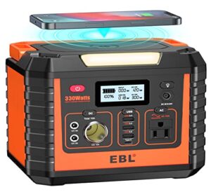 ebl portable power station 300, 110v/330w pure sine wave solar generator (solar panel not included) - peak 600w backup lithium batteries ac outlet for blackout outdoors camping hunting travel