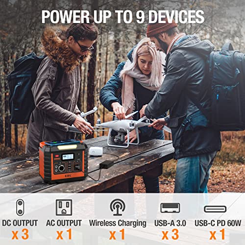 EBL Portable Power Station 300, 110V/330W Pure Sine Wave Solar Generator (Solar Panel Not Included) - Peak 600W Backup Lithium Batteries AC Outlet for Blackout Outdoors Camping Hunting Travel