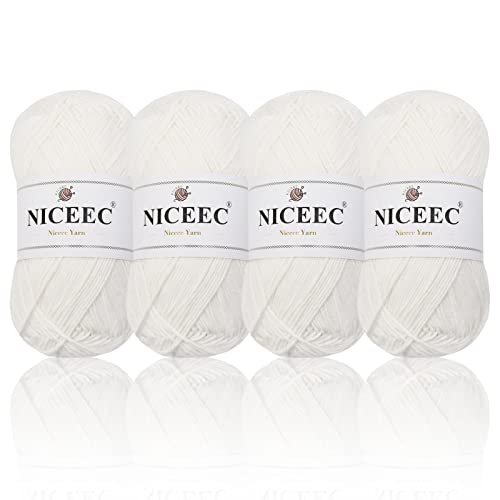 NICEEC 4 Skeins Soft Baby Yarn 100% Cotton Yarn for Crochet Knitting 4 Ply Yarn Blanket Yarn for DIY Craft Fingering Weight Yarn Total Length 4×175yds/4×50g-1#White