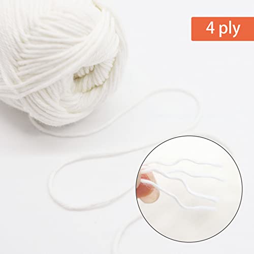 NICEEC 4 Skeins Soft Baby Yarn 100% Cotton Yarn for Crochet Knitting 4 Ply Yarn Blanket Yarn for DIY Craft Fingering Weight Yarn Total Length 4×175yds/4×50g-1#White