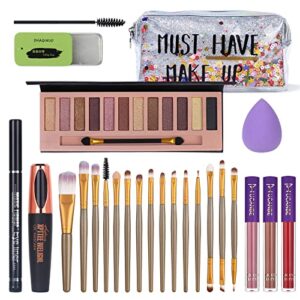 all in one makeup set for women full kit - 12 colors nude eyeshadow palette, waterproof black mascara eyeliner pen, 3pcs matte liquid lipstick set, eyebrow soap gel kit, 12 pcs brushes set makeup sponge with makeup bag gift set