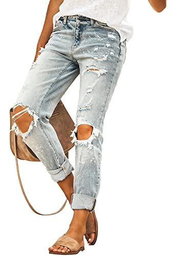 HETIPR Women's Ripped Boyfriend Jeans Mid Rise Loose Fit Distressed Stretchy Denim Pants US Medium, Light Blue