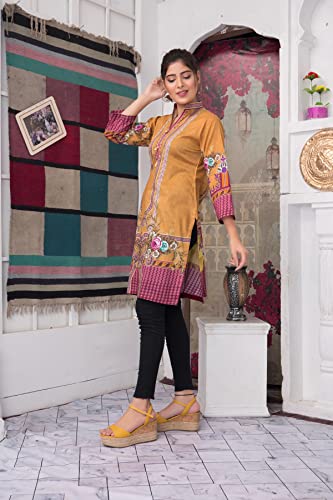 IshDeena Pakistani Kurtis for women Indian Style Cotton Tunics Womens Tops Printed Lawn (2X-Large, Musturd Yellow)