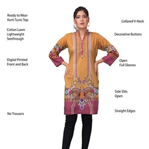 IshDeena Pakistani Kurtis for women Indian Style Cotton Tunics Womens Tops Printed Lawn (2X-Large, Musturd Yellow)