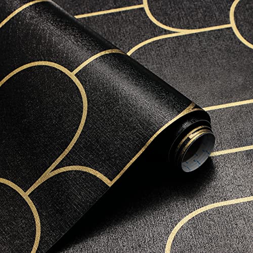 Stripe Peel and Stick Wallpaper Modern Black Contact Paper Geometric Black and Gold Removable Paper Self Adhesive Wallpaper Decorative for Wall Countertop Cabinet Furniture Vinyl Film 17.3"X118.7"