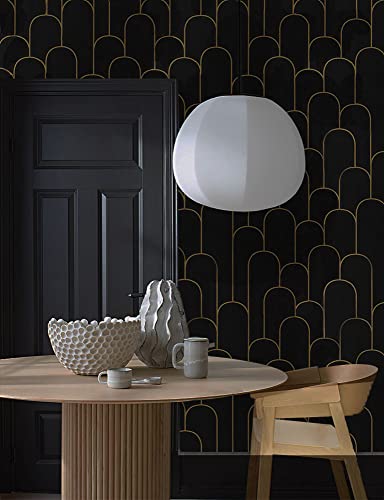 Stripe Peel and Stick Wallpaper Modern Black Contact Paper Geometric Black and Gold Removable Paper Self Adhesive Wallpaper Decorative for Wall Countertop Cabinet Furniture Vinyl Film 17.3"X118.7"