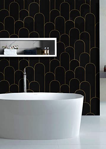 Stripe Peel and Stick Wallpaper Modern Black Contact Paper Geometric Black and Gold Removable Paper Self Adhesive Wallpaper Decorative for Wall Countertop Cabinet Furniture Vinyl Film 17.3"X118.7"