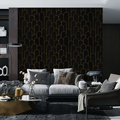 Stripe Peel and Stick Wallpaper Modern Black Contact Paper Geometric Black and Gold Removable Paper Self Adhesive Wallpaper Decorative for Wall Countertop Cabinet Furniture Vinyl Film 17.3"X118.7"