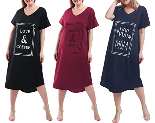 FEREMO 3 Pack Plus Size Nightgowns V Neck Nightshirts Short Sleeve Printed Sleepwear Soft Loungewear for Women (4X, Black+Wine Red+Dog Mom Navy Blue)