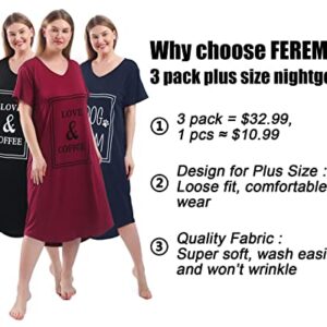 FEREMO 3 Pack Plus Size Nightgowns V Neck Nightshirts Short Sleeve Printed Sleepwear Soft Loungewear for Women (4X, Black+Wine Red+Dog Mom Navy Blue)